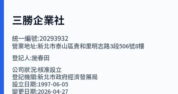 三勝企業社的照片-統編 20293932(新北市) 公司登記資料與營業項目詳細圖表