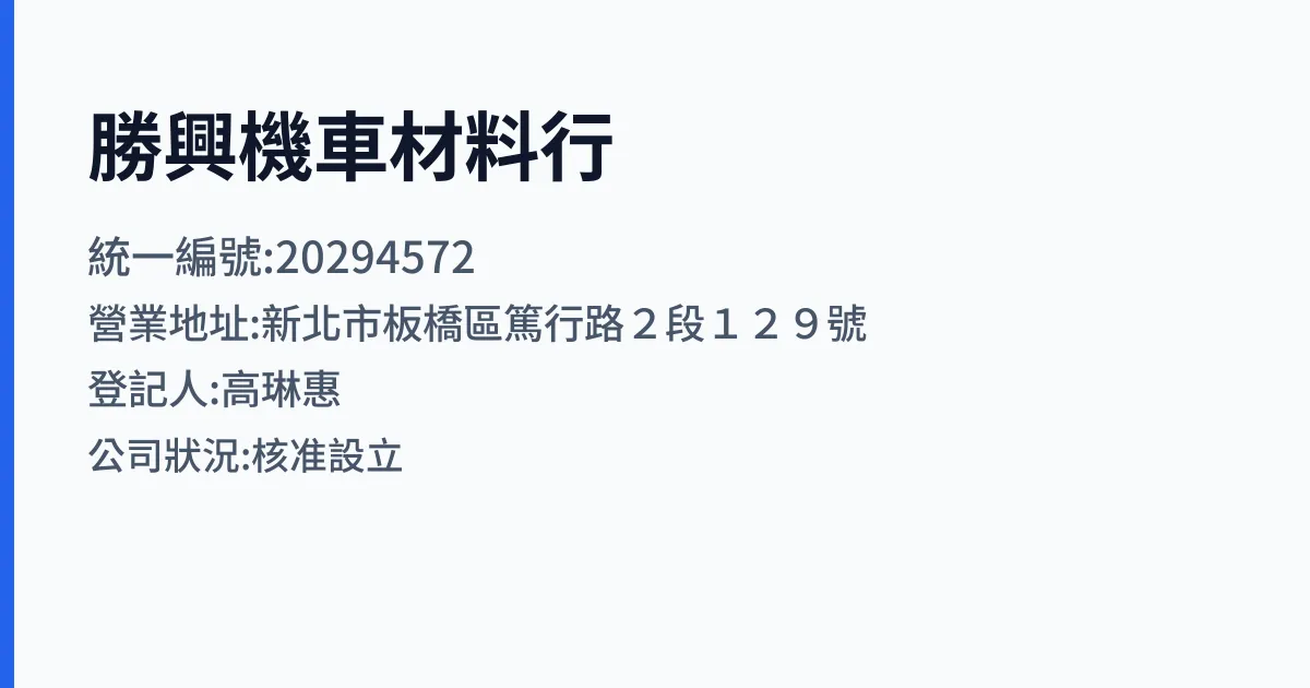 勝興機車材料行 - 統編 20294572(新北市) 公司登記資料與營業項目詳細圖表
