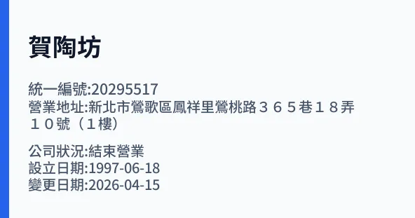 賀陶坊的照片-統編 20295517(新北市) 公司登記資料與營業項目詳細圖表