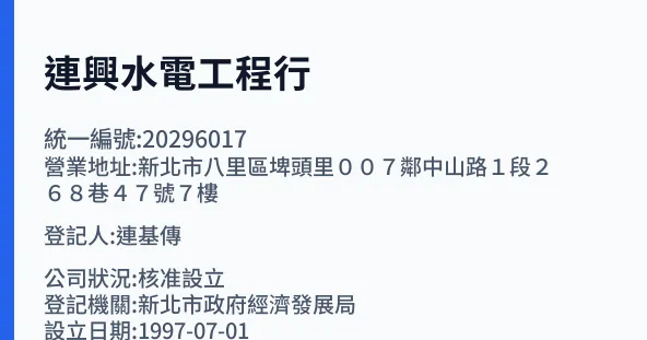 連興水電工程行的照片-統編 20296017(新北市) 公司登記資料與營業項目詳細圖表