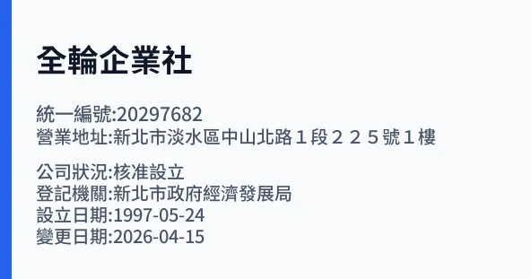 全輪企業社的照片-統編 20297682(新北市) 公司登記資料與營業項目詳細圖表