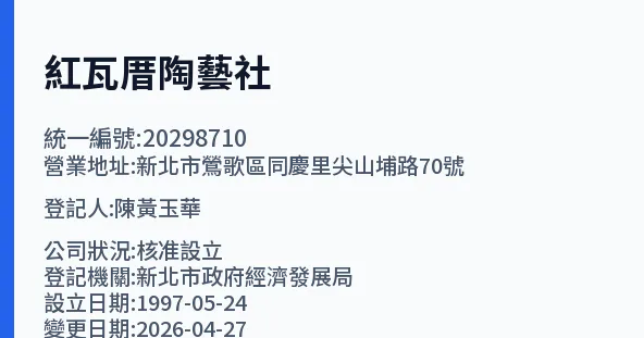 紅瓦厝陶藝社的照片-統編 20298710(新北市) 公司登記資料與營業項目詳細圖表