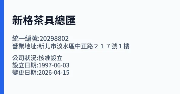 新格茶具總匯的照片-統編 20298802(新北市) 公司登記資料與營業項目詳細圖表