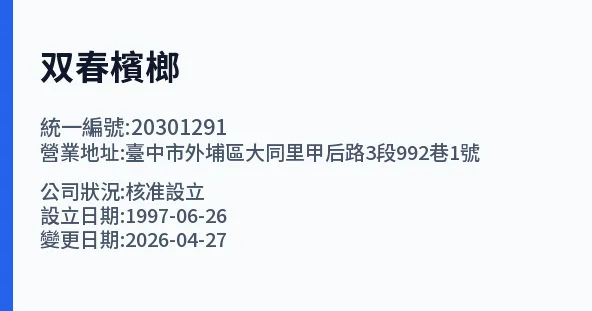 双春檳榔的照片-統編 20301291(臺中市) 公司登記資料與營業項目詳細圖表