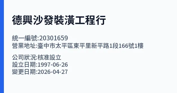 德興沙發裝潢工程行的照片-統編 20301659(臺中市) 公司登記資料與營業項目詳細圖表