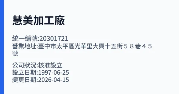 慧美加工廠的照片-統編 20301721(臺中市) 公司登記資料與營業項目詳細圖表