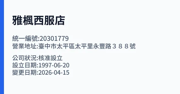 雅楓西服店的照片-統編 20301779(臺中市) 公司登記資料與營業項目詳細圖表
