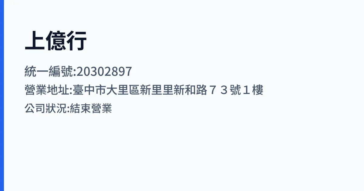 上億行 - 統編 20302897(臺中市) 公司登記資料與營業項目詳細圖表