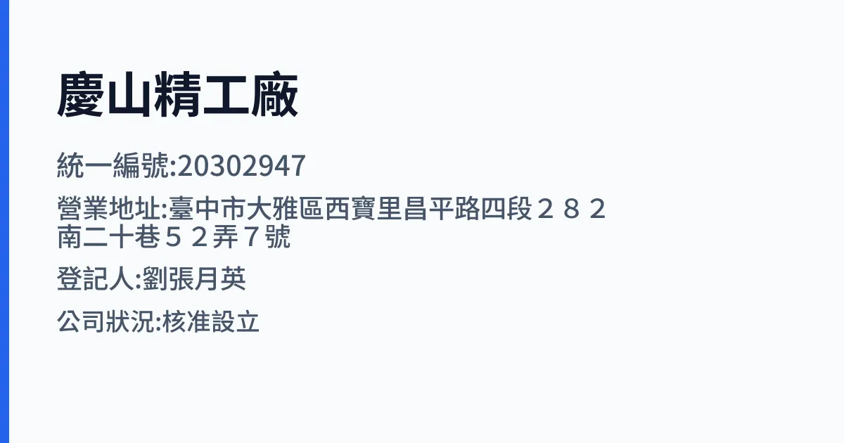慶山精工廠 - 統編 20302947(臺中市) 公司登記資料與營業項目詳細圖表