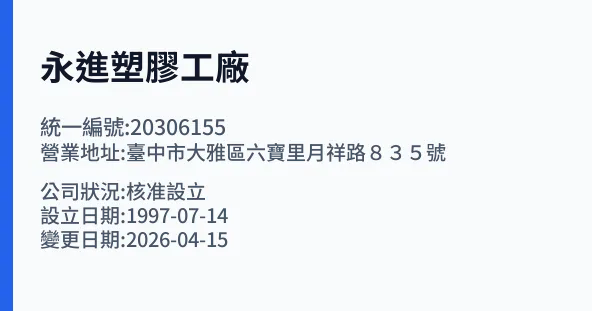 永進塑膠工廠的照片-統編 20306155(臺中市) 公司登記資料與營業項目詳細圖表