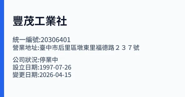 豐茂工業社的照片-統編 20306401(臺中市) 公司登記資料與營業項目詳細圖表