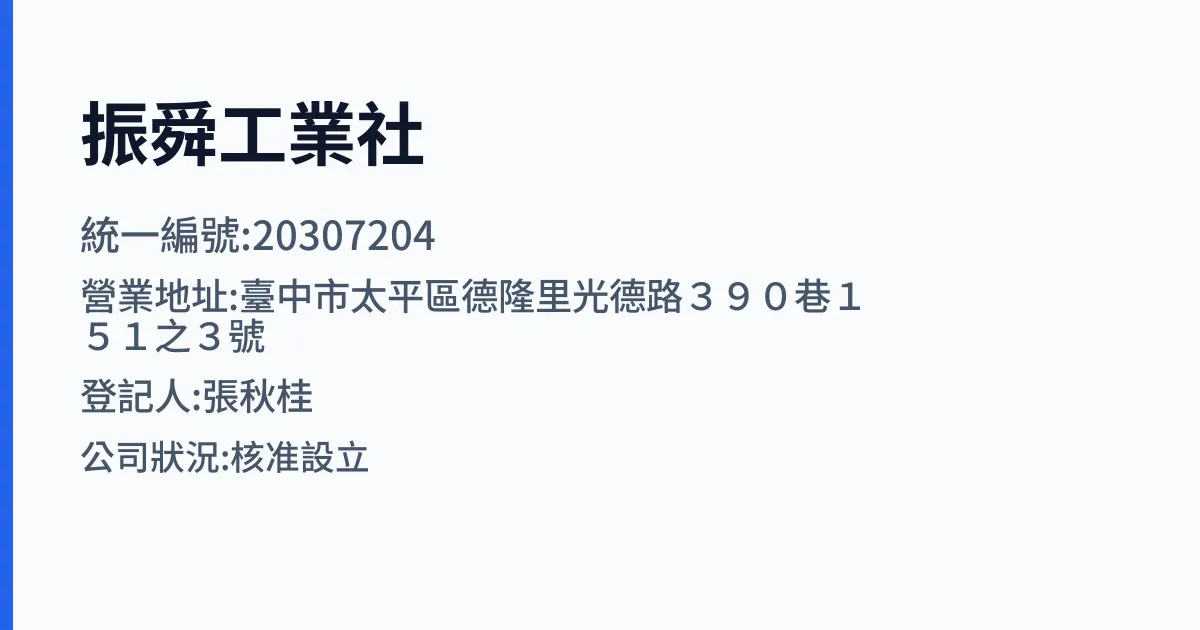 振舜工業社 - 統編 20307204(臺中市) 公司登記資料與營業項目詳細圖表