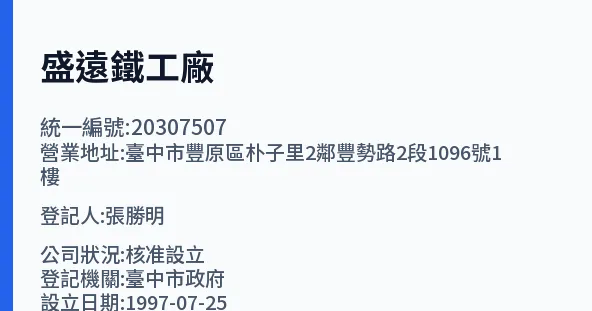 盛遠鐵工廠的照片-統編 20307507(臺中市) 公司登記資料與營業項目詳細圖表