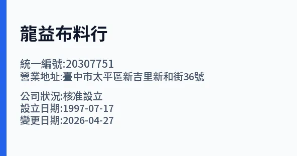 龍益布料行的照片-統編 20307751(臺中市) 公司登記資料與營業項目詳細圖表