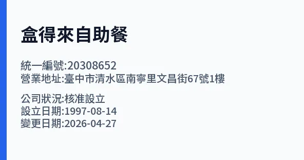 盒得來自助餐的照片-統編 20308652(臺中市) 公司登記資料與營業項目詳細圖表