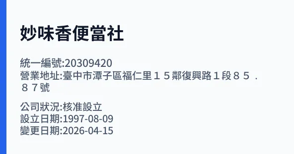 妙味香便當社的照片-統編 20309420(臺中市) 公司登記資料與營業項目詳細圖表