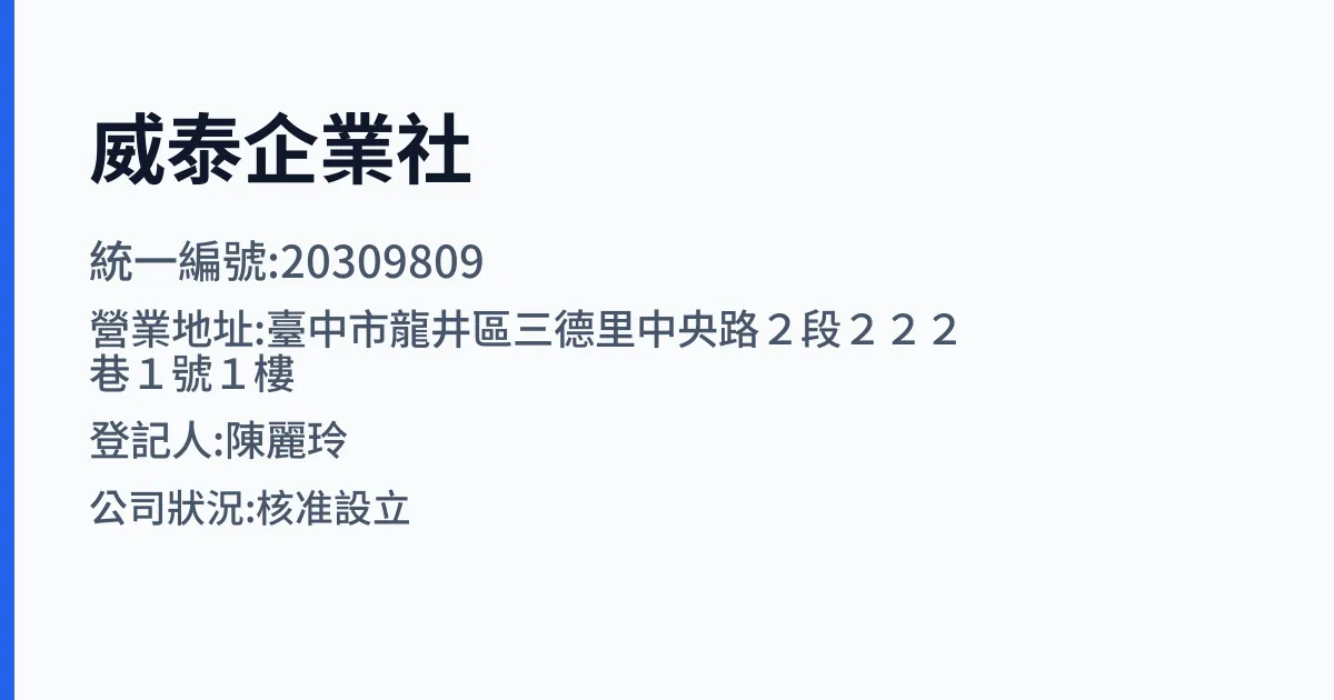 威泰企業社 - 統編 20309809(臺中市) 公司登記資料與營業項目詳細圖表