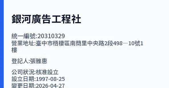 銀河廣告工程社的照片-統編 20310329(臺中市) 公司登記資料與營業項目詳細圖表