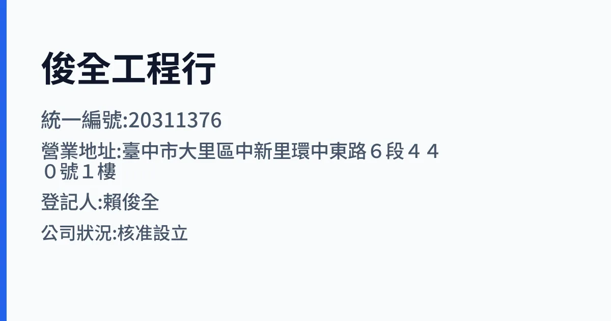 俊全工程行 - 統編 20311376(臺中市) 公司登記資料與營業項目詳細圖表