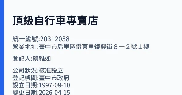 頂級自行車專賣店的照片-統編 20312038(臺中市) 公司登記資料與營業項目詳細圖表