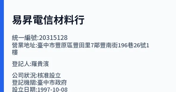 易昇電信材料行的照片-統編 20315128(臺中市) 公司登記資料與營業項目詳細圖表