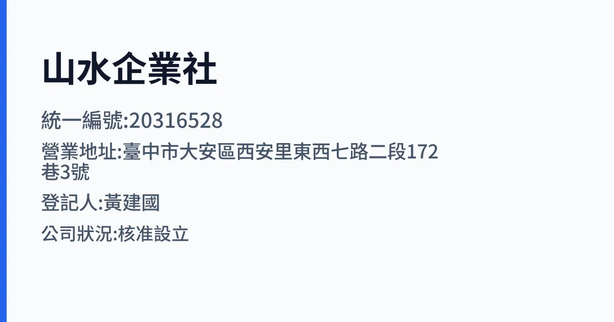 山水企業社 - 統編 20316528(臺中市) 公司登記資料與營業項目詳細圖表