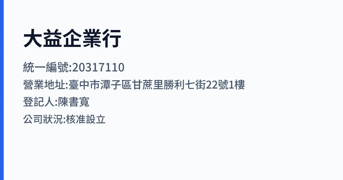 大益企業行 - 統編 20317110(臺中市) 公司登記資料與營業項目詳細圖表
