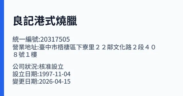 良記港式燒臘的照片-統編 20317505(臺中市) 公司登記資料與營業項目詳細圖表