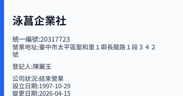 泳菖企業社的照片-統編 20317723(臺中市) 公司登記資料與營業項目詳細圖表