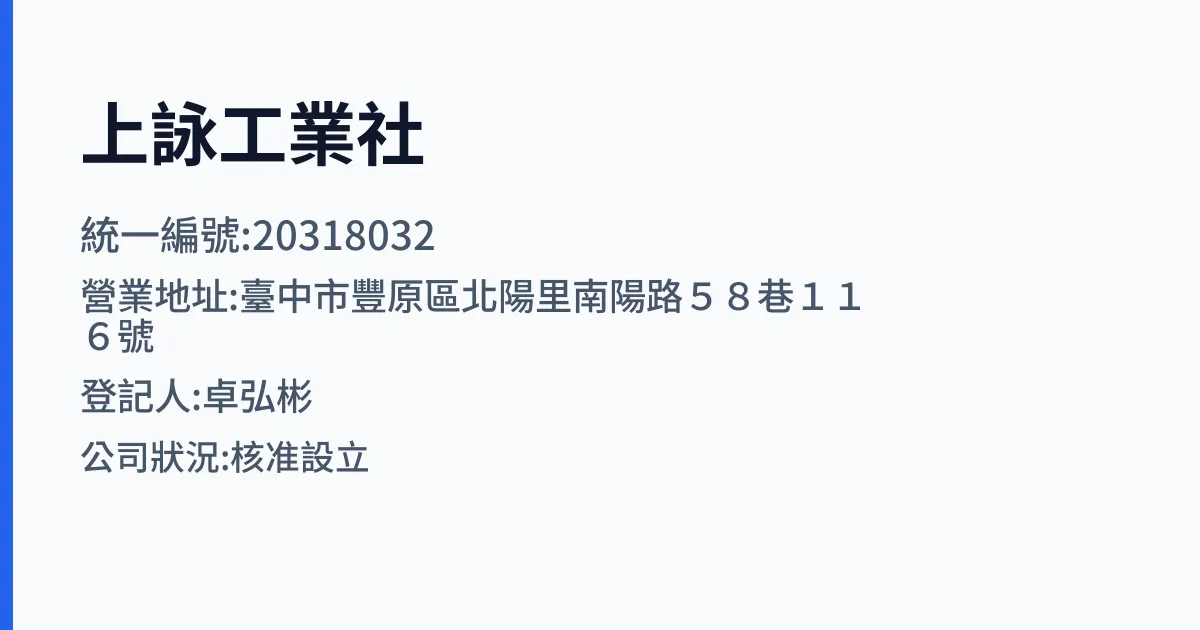 上詠工業社 - 統編 20318032(臺中市) 公司登記資料與營業項目詳細圖表