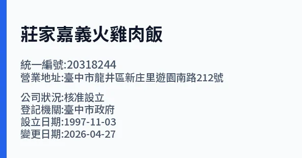 莊家嘉義火雞肉飯的照片-統編 20318244(臺中市) 公司登記資料與營業項目詳細圖表