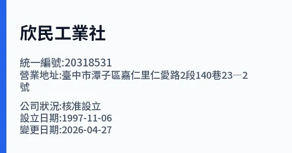 欣民工業社的照片-統編 20318531(臺中市) 公司登記資料與營業項目詳細圖表