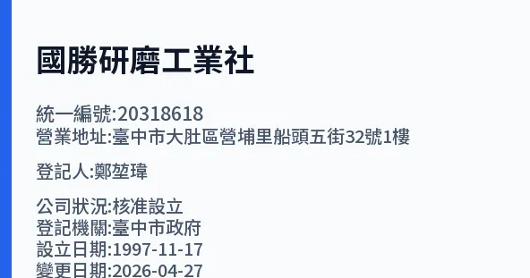 國勝研磨工業社的照片-統編 20318618(臺中市) 公司登記資料與營業項目詳細圖表