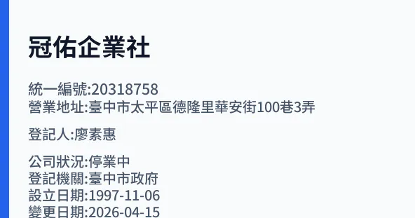冠佑企業社的照片-統編 20318758(臺中市) 公司登記資料與營業項目詳細圖表