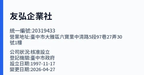 友弘企業社的照片-統編 20319433(臺中市) 公司登記資料與營業項目詳細圖表