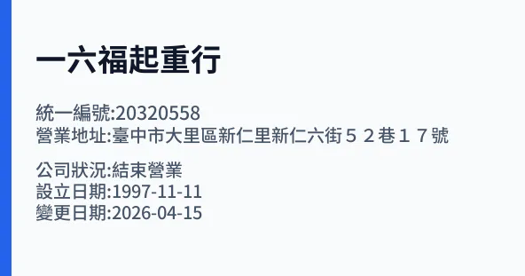 一六福起重行的照片-統編 20320558(臺中市) 公司登記資料與營業項目詳細圖表