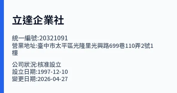 立達企業社的照片-統編 20321091(臺中市) 公司登記資料與營業項目詳細圖表