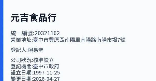 元吉食品行的照片-統編 20321162(臺中市) 公司登記資料與營業項目詳細圖表