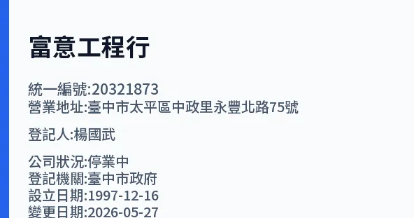 富意工程行的照片-統編 20321873(臺中市) 公司登記資料與營業項目詳細圖表