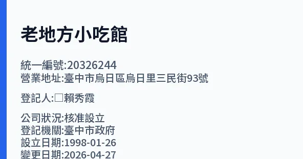 老地方小吃館的照片-統編 20326244(臺中市) 公司登記資料與營業項目詳細圖表