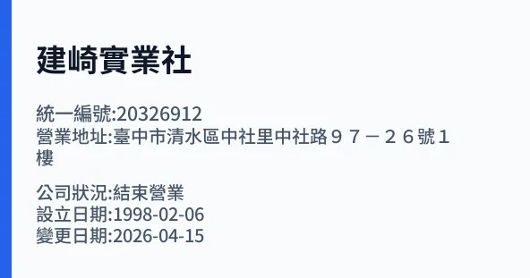 建崎實業社的照片-統編 20326912(臺中市) 公司登記資料與營業項目詳細圖表