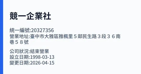競一企業社的照片-統編 20327356(臺中市) 公司登記資料與營業項目詳細圖表