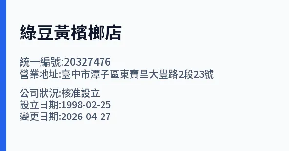 綠豆黃檳榔店的照片-統編 20327476(臺中市) 公司登記資料與營業項目詳細圖表