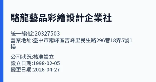 駱龍藝品彩繪設計企業社的照片-統編 20327503(臺中市) 公司登記資料與營業項目詳細圖表