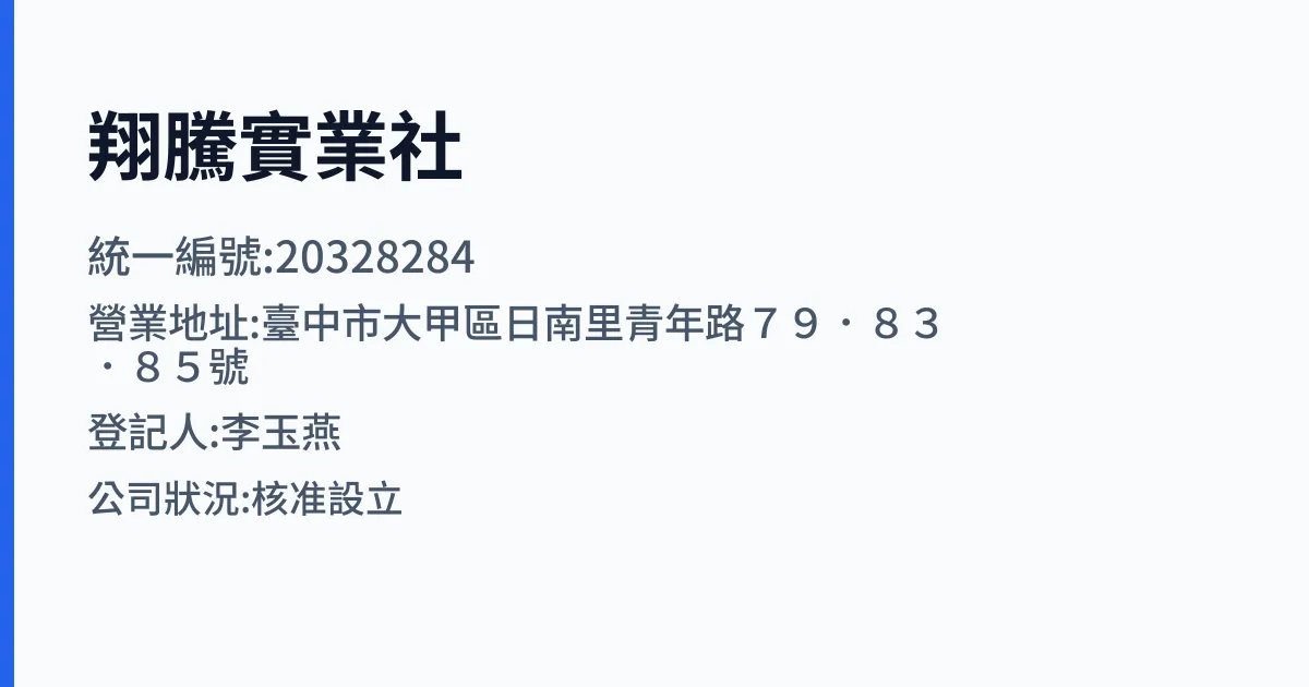 翔騰實業社 - 統編 20328284(臺中市) 公司登記資料與營業項目詳細圖表