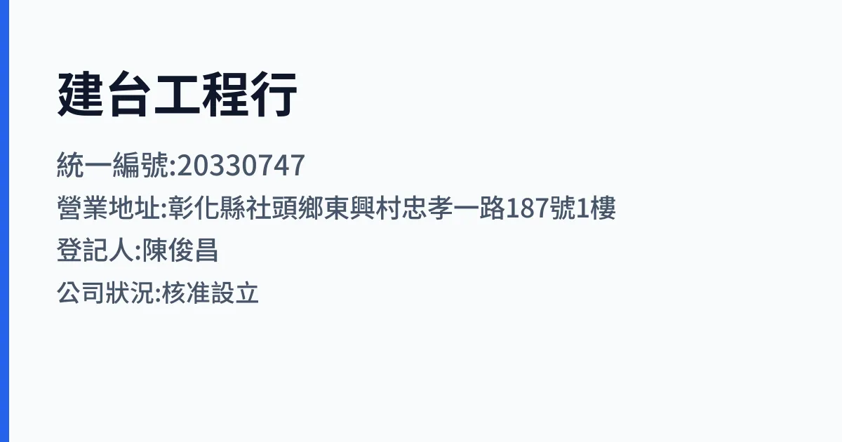 建台工程行 - 統編 20330747(彰化縣) 公司登記資料與營業項目詳細圖表