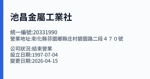 池昌金屬工業社的照片-統編 20331990(彰化縣) 公司登記資料與營業項目詳細圖表