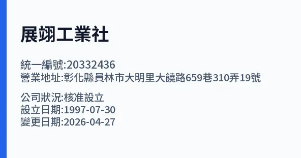 展翊工業社的照片-統編 20332436(彰化縣) 公司登記資料與營業項目詳細圖表
