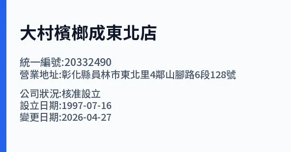 大村檳榔成東北店的照片-統編 20332490(彰化縣) 公司登記資料與營業項目詳細圖表