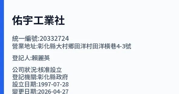 佑宇工業社的照片-統編 20332724(彰化縣) 公司登記資料與營業項目詳細圖表
